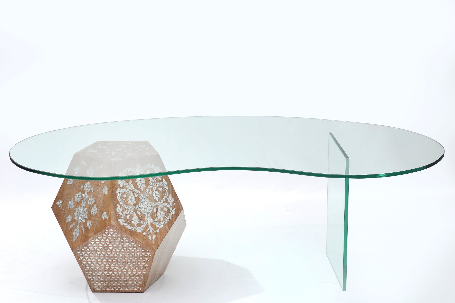 Table Base Hexagonal Solid Walnut Wood Inlay Seashell Mother Of Pearl
